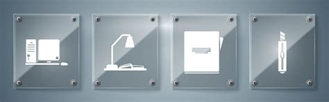 편지지 칼 노트북 테이블 램프가 있는 작업장 키보드와 마우스가 있는 책을 펼치고 컴퓨터 모니터를 설정합니다 정사각형 유리 패널 벡터 0명에 대한 스톡 벡터 아트 및 기타