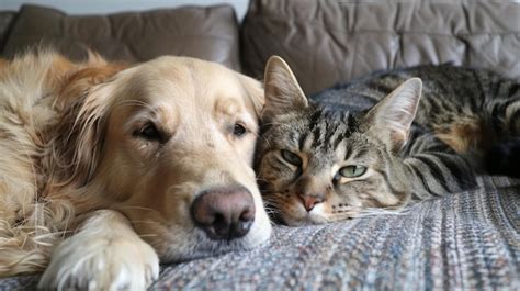 Golden Retriever And Tabby Cat Lying Together Exemplifying Interspecies