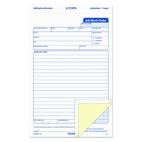 Tops® Job Work Order Snap Off® Triplicate Form Essendant Record Keeping Forms