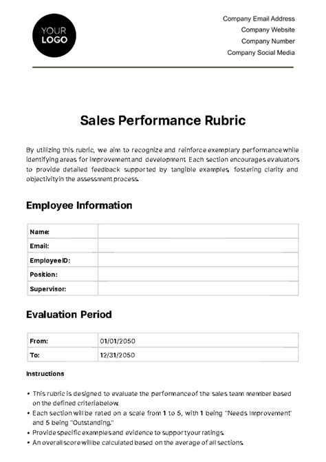 Free Sales Performance Rubric Template To Edit Online
