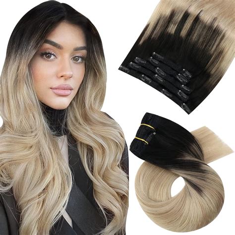 Moresoo Clip Extensions Echthaar Schwarz Balayage Remy Extensions Clip