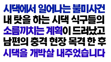 실화사연 시댁에서 일어나는 불미사건 내 탓을 하는 시댁 식구들의 소름끼치는 계획이 드러났고 남편의 충격현장 목격을 한 후 시댁을 개박살 내주었습니다ㅣ라디오드라마ㅣ사이다