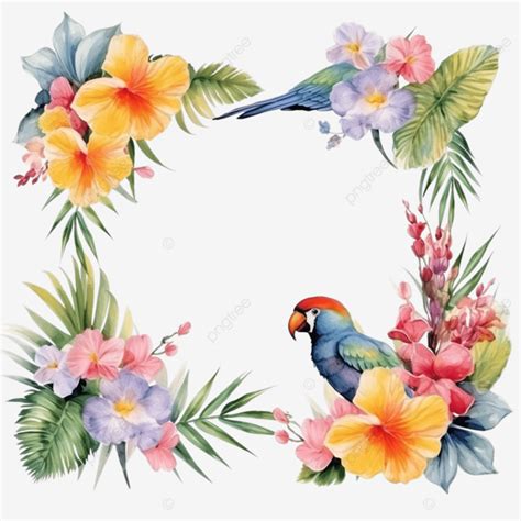 새 꽃과 잎 Ai가 생성된 수채화 열대 여름 프레임 여름 액자 열렬한 Png 일러스트 및 이미지 에 대한 무료 다운로드