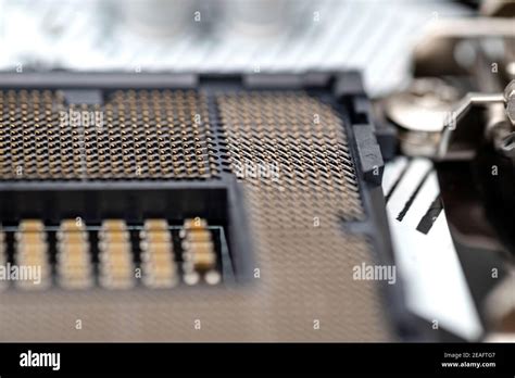 Macro Shot Of Empty Modern Lga 1200 Socket For Cpu On Black Desktop