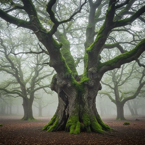 Ancient Oak Trees With Twisted Branches Stand In A Misty Forest The