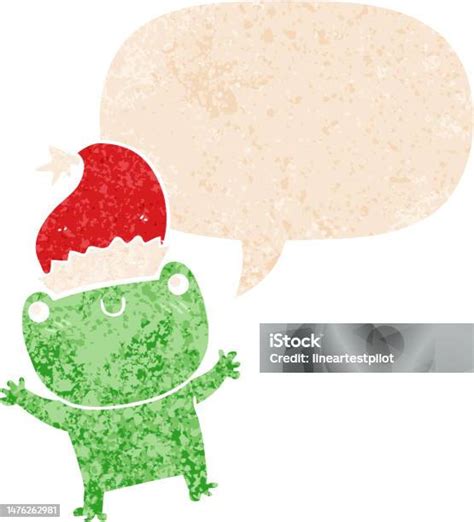 그런 지 고민 복고풍 질감 스타일에 말풍선이 있는 크리스마스 모자를 쓰고 귀여운 만화 개구리 개구리에 대한 스톡 벡터 아트 및 기타 이미지 Istock