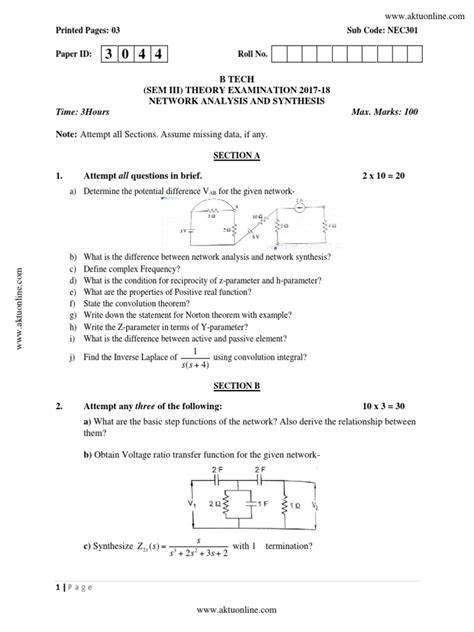 Btech Ec 3 Sem Network Analysis And Synthesis Nec 301 2017 18 Pdf
