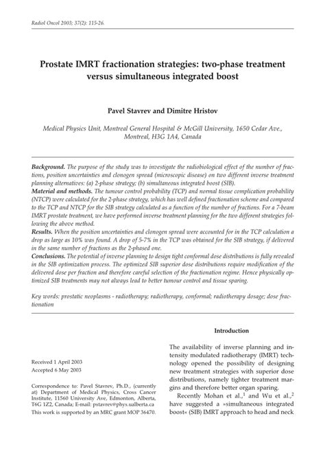 Pdf Prostate Imrt Fractionation Strategies Two Phase Treatment