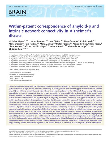 Pdf Within Patient Correspondence Of Amyloid And Intrinsic Network Connectivity In Alzheimer