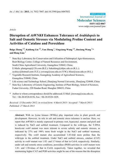 Pdf Disruption Of Atwnk8 Enhances Tolerance Of Arabidopsis To Salt