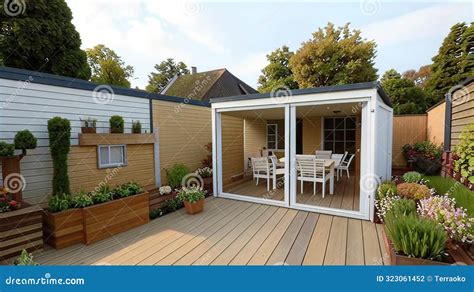 Timber Walled Garden With Garden Room With Double Doors Small Terrace