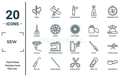 Sew Linear Icon Set Includes Thin Line Needle Scissors Hot Glue Wire Coil Measurement