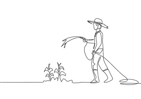 Dessin Au Trait Continu Unique Agriculteur Debout Sur Le Champ Tout En