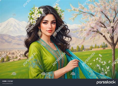 لبخند ملیح دختر جوان ایرانی در نقاشی منظره بهاری 1727287