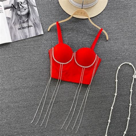 Women Chic Tassels Pads Rhinestone Basic Corset Straps Camis Slim Hot