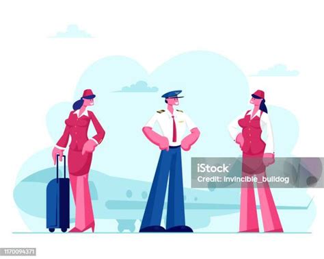 항공 에어 크루 문자입니다 비행 제트 비행기 배경으로 공항에 서있는 유니폼과 수하물을 입고 조종사와 스튜어디스 에어 호스츠 서비스 컨셉 만화 플랫 벡터 일러스트 개념에 대한