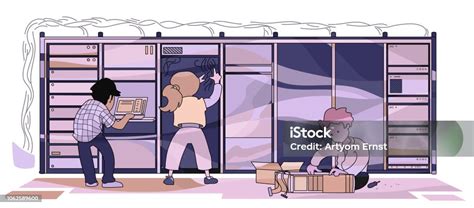 그것의 그림 엔지니어 데이터 센터 서버 룸에서 일 하는 기술자 기술자에 대한 스톡 벡터 아트 및 기타 이미지 기술자 남자