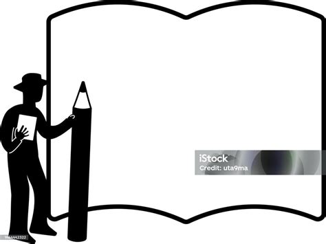 큰 책 일러스트 소재의 프레임 앞에서 큰 연필을 들고 있는 남자의 실루엣 문서에 대한 스톡 벡터 아트 및 기타 이미지 문서 책 흰색 배경 Istock