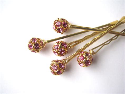 Pink Crystal Rhinestone Hair Pin Set Wedding Bobby Pins Etsy