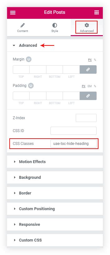 how to exclude specific headings from table of contents widget