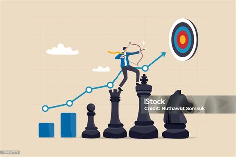 비즈니스 성공을 이기는 전략 목표 또는 전략적 성장을 달성하기 위해 성장 도전 또는 임무 관리 및 계획 개념 목표를 목표로하는 킹 체스 성장 차트에 사업가 양궁 체스에 대한