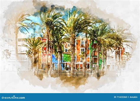 Digital Watercolor Painting Of Villajoyosa Town Spain Stock