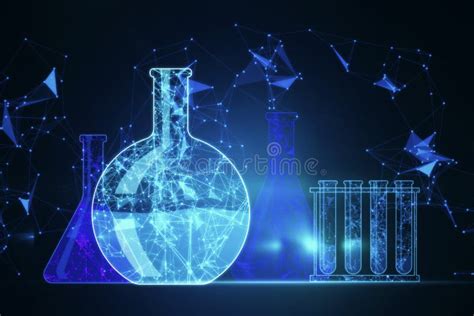 Creative Blue Scientific Backdrop With Low Poly Network And Flasks