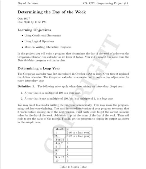 day of the week csc 1253 programming project 1