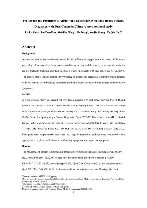 Pdf Prevalence And Predictors Of Anxiety And Depressive Symptoms
