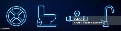 설정 라인 산업 파이프 및 기동계 산업 밸브 화장실 그릇 과 물 탭 벽돌 벽에 빛나는 네온 아이콘입니다 벡터 물에 대한 스톡