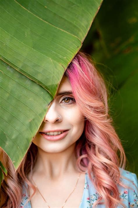 Woman Portrait Pink Hair Banana Leaf A Beautiful Young Woman Among The