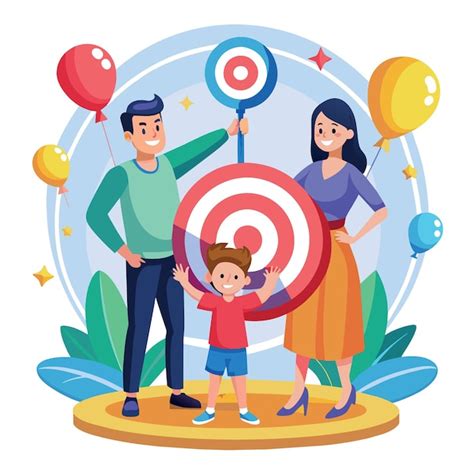 목표 또는 목표 개념으로 다트 보드의 중앙에 서있는 풍선을 들고 있는 소형 행복한 가족 프리미엄 벡터