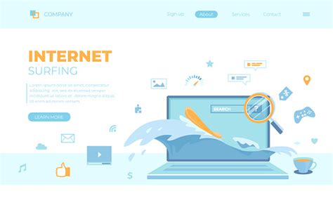 인터넷 서핑 온라인 연구 비즈니스 뉴스 소셜 네트워킹 검색 교육 비디오 게임 서핑 보드 파도 노트북에 돋보기 웹 배너 방문 페이지 웹에 사용할 수 있습니다 Brand