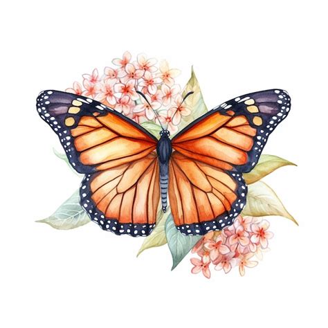 Una Mariposa Monarca Sobre Un Fondo Blanco Con Flores Foto Premium