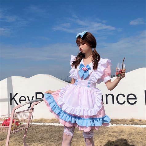 Women Maid Outfit Anime Cute Cat Pink Blue Lace Trim Apron Cat Paw