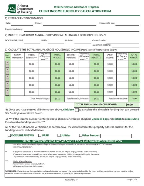 Arizona Client Income Eligibility Calculation Form Weatherization