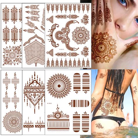 Brown Henna Temporary Tattoo Stickers 6 Sheets Lace