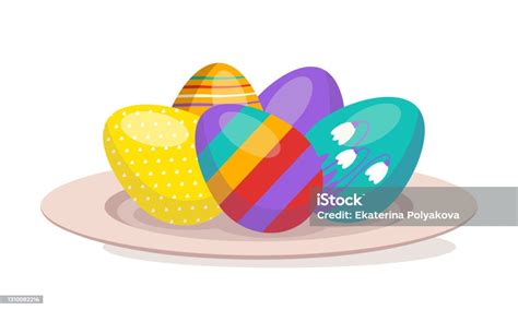 패턴이있는 여러 가지 빛깔의 부활절 달걀은 접시에 놓여 있습니다 행복한 기독교 종교 휴일과 전통 가정 생활에 대한 스톡 벡터 아트 및 기타 이미지 Istock