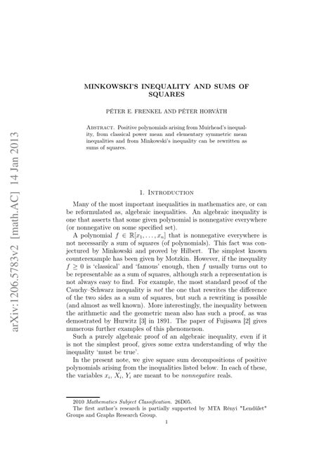 Pdf Minkowskis Inequality And Sums Of Squares