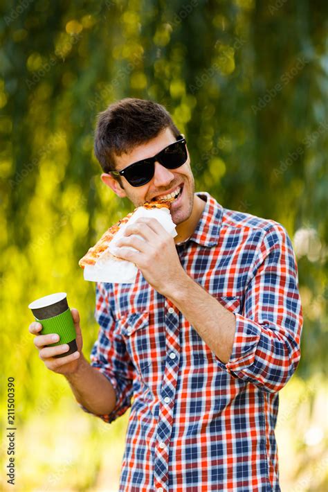 Man Eating Pizza Cheerful Young Guy Is Eating Pizza Drinking Coffee On