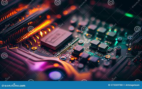 Close Up Of Computer Chip On A Part Of Electronic Printed Circuit Board Bright Colorful