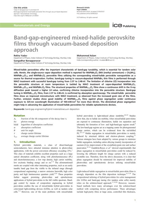 Pdf Band Gap Engineered Mixed Halide Perovskite Films Through Vacuum Based Deposition Approach