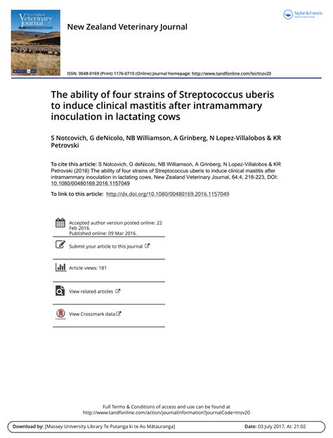 Pdf The Ability Of Four Strains Of Streptococcus Uberis To Induce Clinical Mastitis After