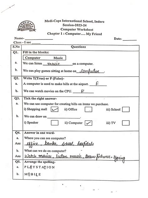 Class 1 Solved Worksheet Pdf