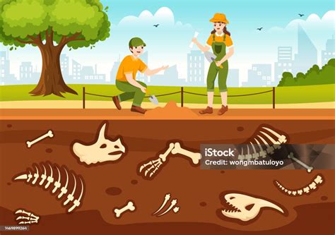 고고학자들과 함께하는 화석 삽화는 발굴에서 공룡 골격을 발견하거나 평평한 만화 손으로 그린 템플릿에서 토양층을 파냅니다 고고학에 대한 스톡 벡터 아트 및 기타 이미지