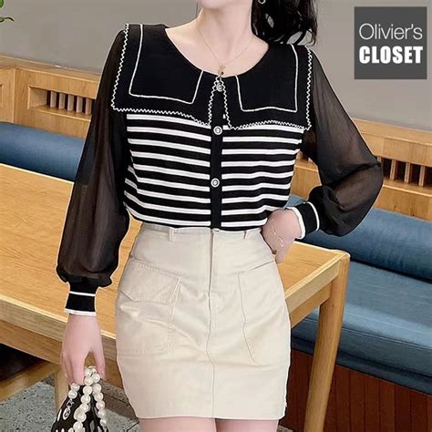 포스티 한정특가 줄무늬 세라카라 쉬폰소매 니트o2203kn604a