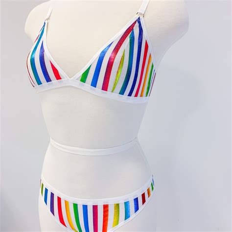 Rainbow Stripe Mesh Lingerie Set Hologram Lingerie White Etsy