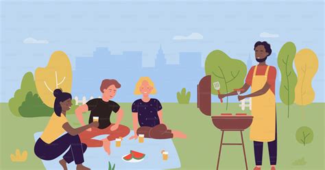 야외 피크닉 파티 벡터 일러스트레이션에 있는 사람들 고기를 굽고 구운 바베큐 소시지를 요리하고 여름 자연 배경에서 그릴에 바베큐 음식을 요리하는 만화 행복한 젊은 친구