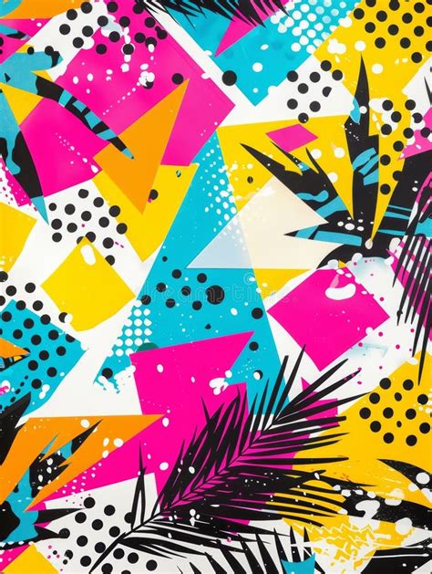 Vibrant Abstract Collage Art With Geometric Shapes And Tropical Elements In Bold Colors Stock