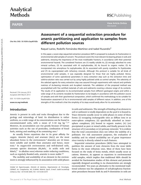 Pdf Assessment Of A Sequential Extraction Procedure For Arsenic